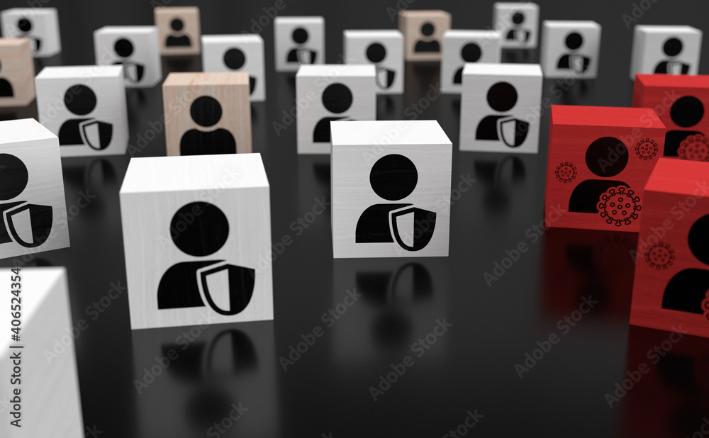 Herd immunity of people against virus visualized with wooden cubes ...