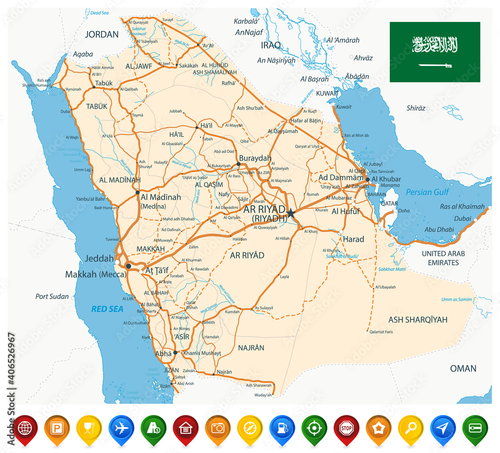 Saudi Arabia Road Map and Colored Map Icons Stock Vector | Adobe Stock