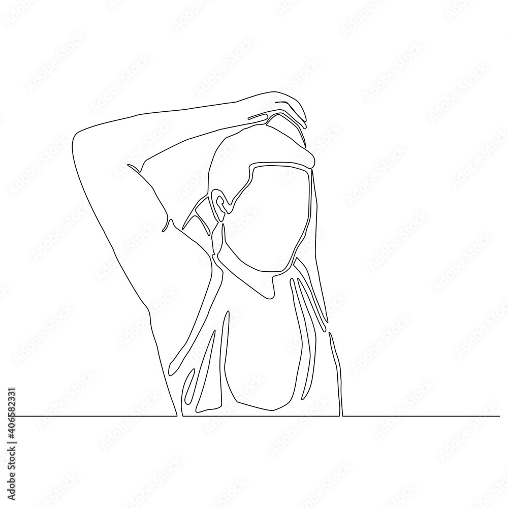 Continuous drawing line of a man stretching his arm by lifting elbow ...