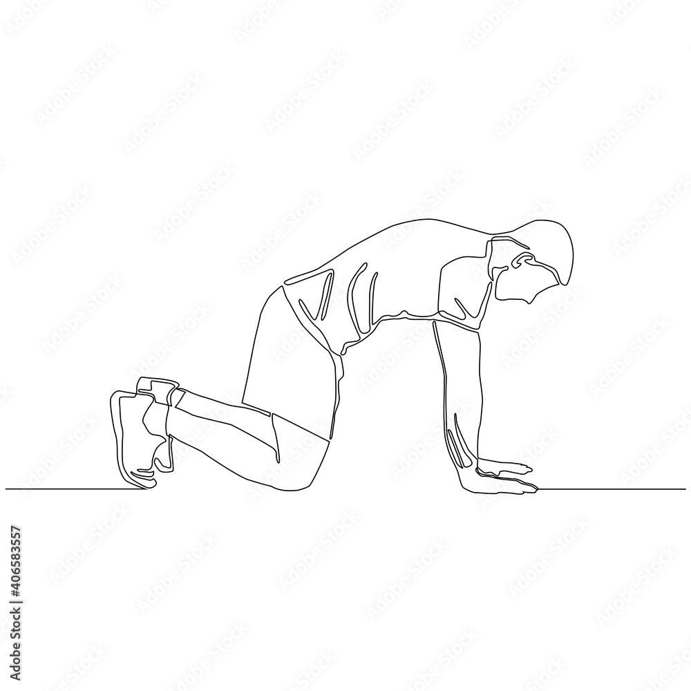 Continuous drawing line of man crawling, put knees and palms on the ...