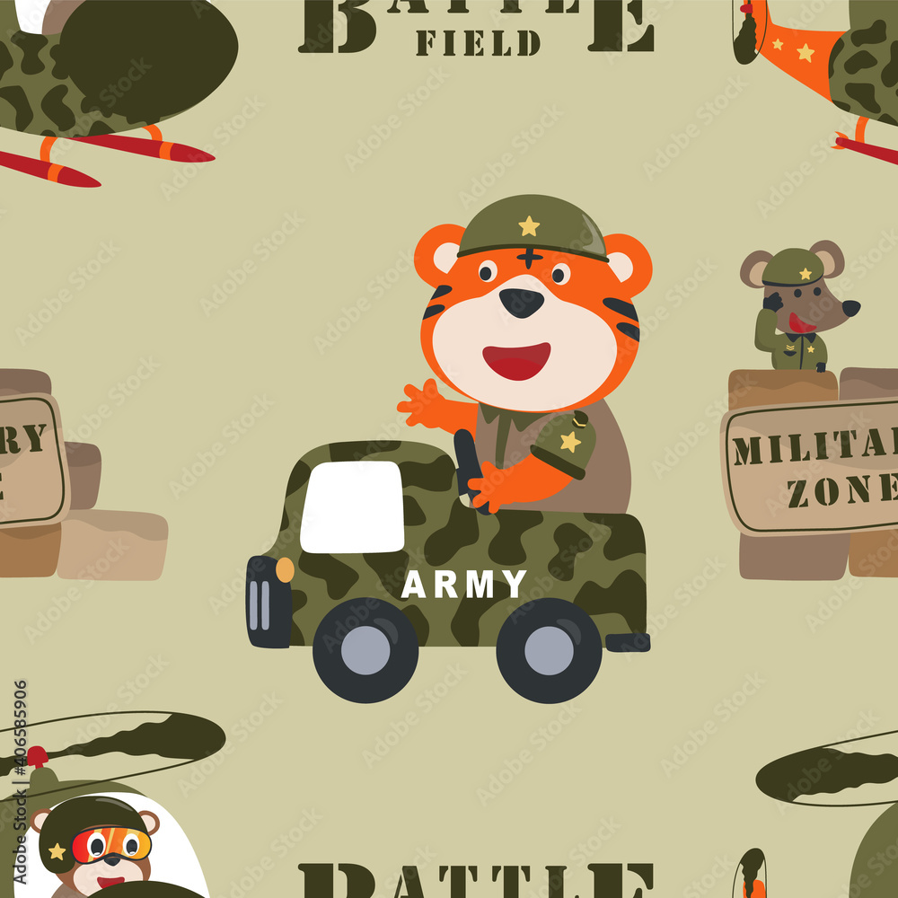 Vector seamless pattern with animal soldier driving military vehicle ...