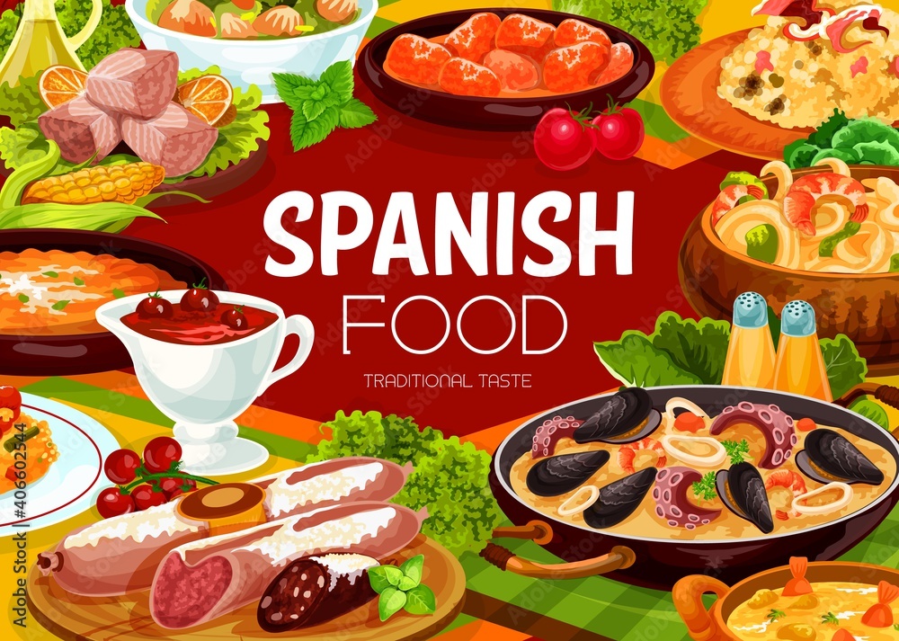 Spanish food cuisine menu paella and tapas seafood, vector restaurant ...