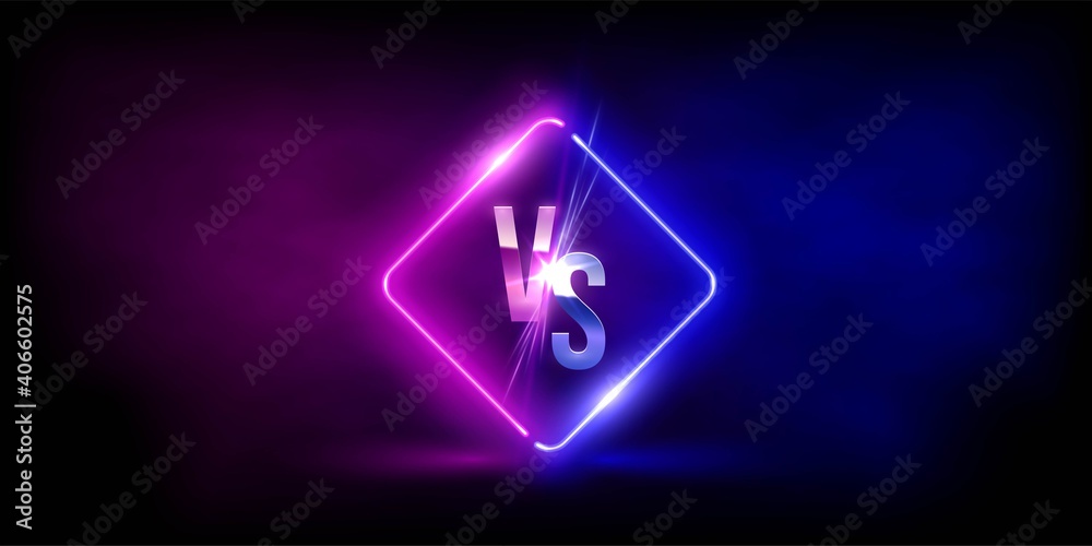 Versus VS sign in neon rhombus frame in fog background. Laser glowing ...