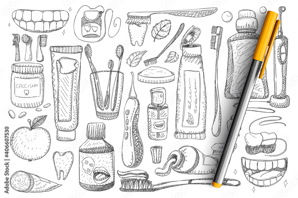 Tooth hygiene and health doodle set. Collection of hand drawn ...