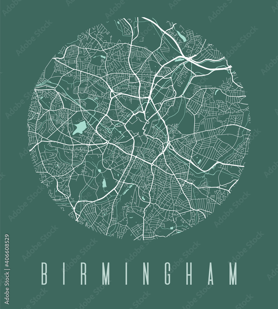 Birmingham map poster. Decorative design street map of Birmingham city ...