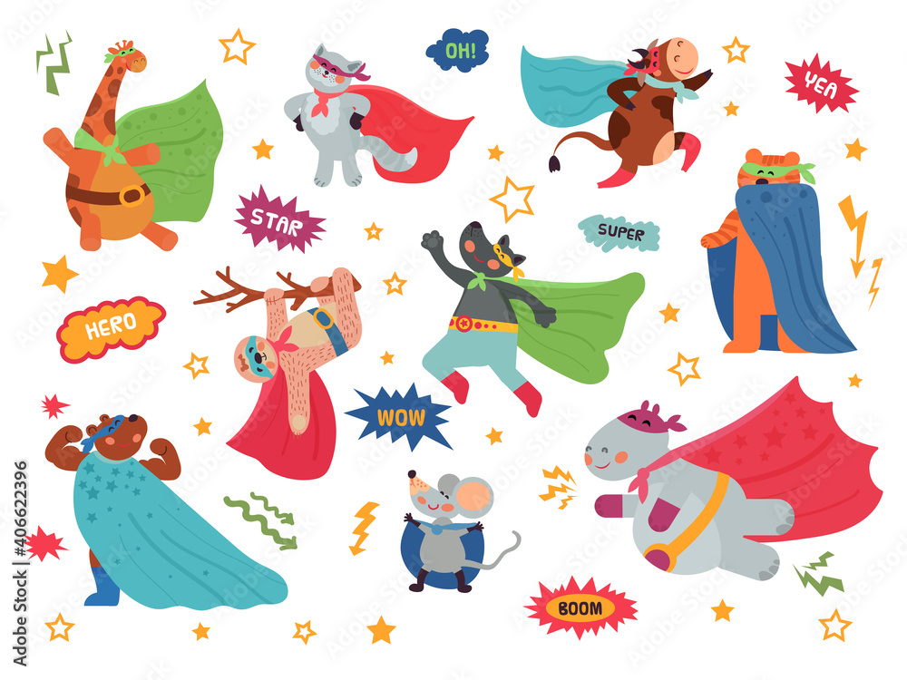 Animal superhero. Cartoon child animals, hero costume on cat giraffe ...