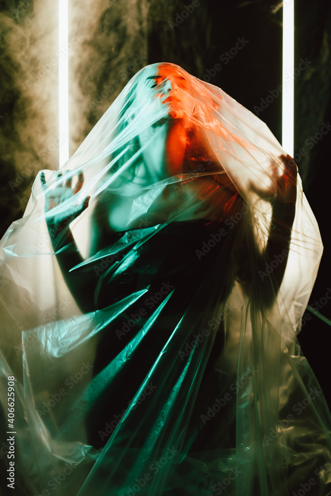 Shortness of breath. Defocused art portrait. Air isolation. Suffering ...