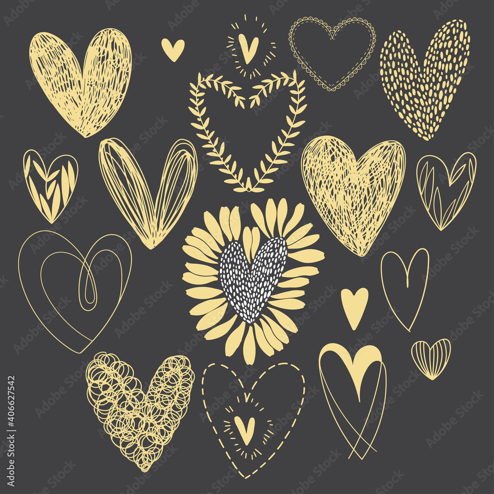 Big set of hand drawn hearts. Hand drawn gold hearts isolated on black ...