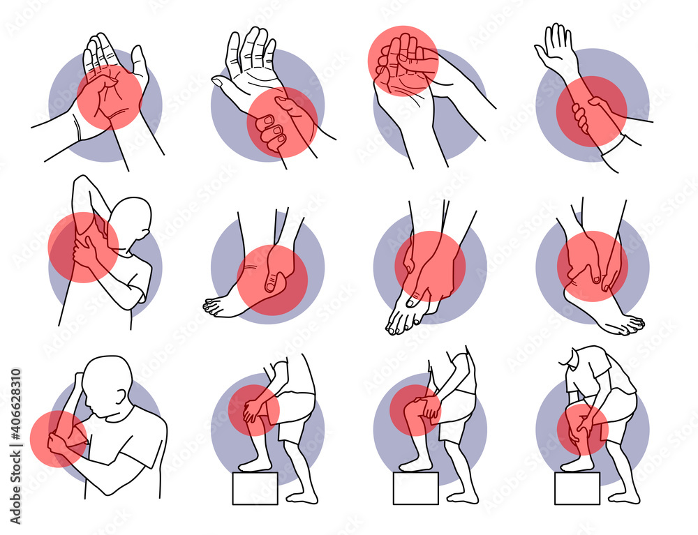 Pain and injury on hand and leg parts. Vector illustrations of painful ...