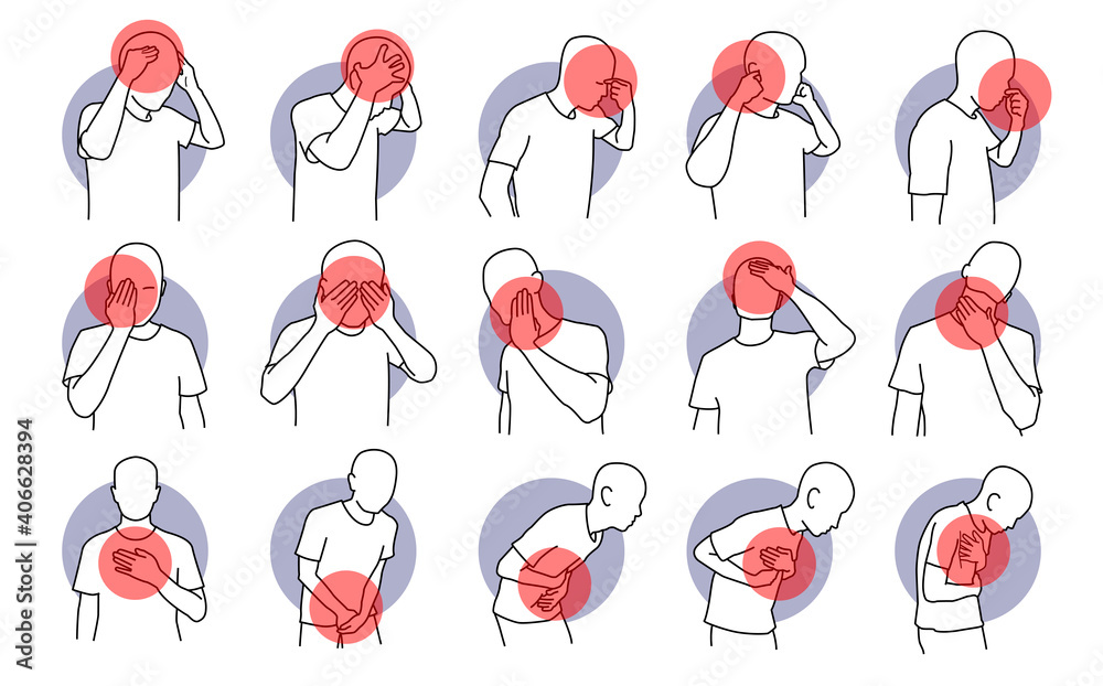Pain, stress, and illness on human. Vector illustrations of headache ...