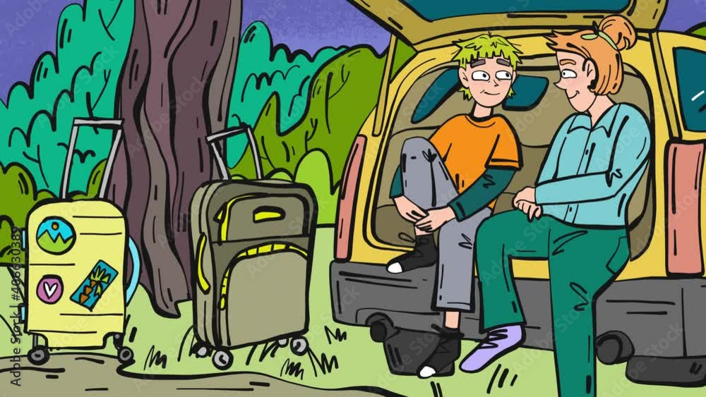 Let the family road trip begin, comic cartoon looped animation Stock ...