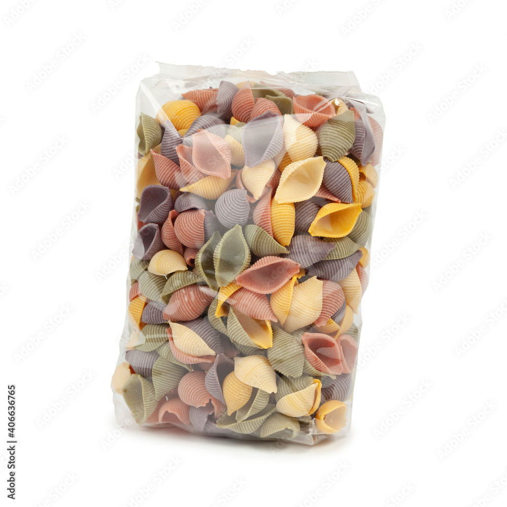 Multicolored seashell pasta isolated on white background. Stock Photo ...