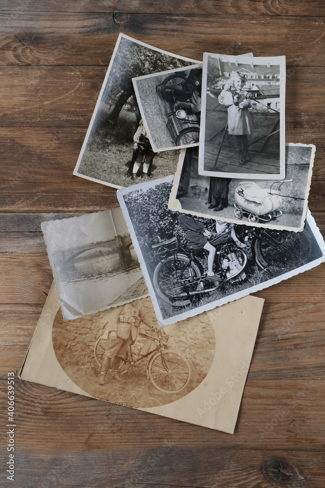 stack of old vintage monochrome photographs on photographic paper on ...