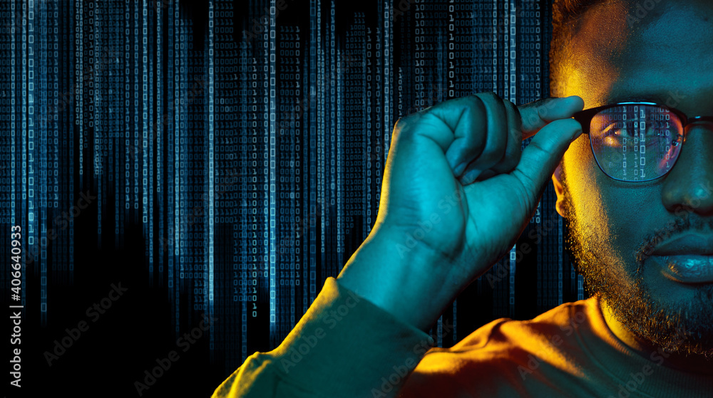 technology, cyberspace and programming concept - portrait of young african american man over ...