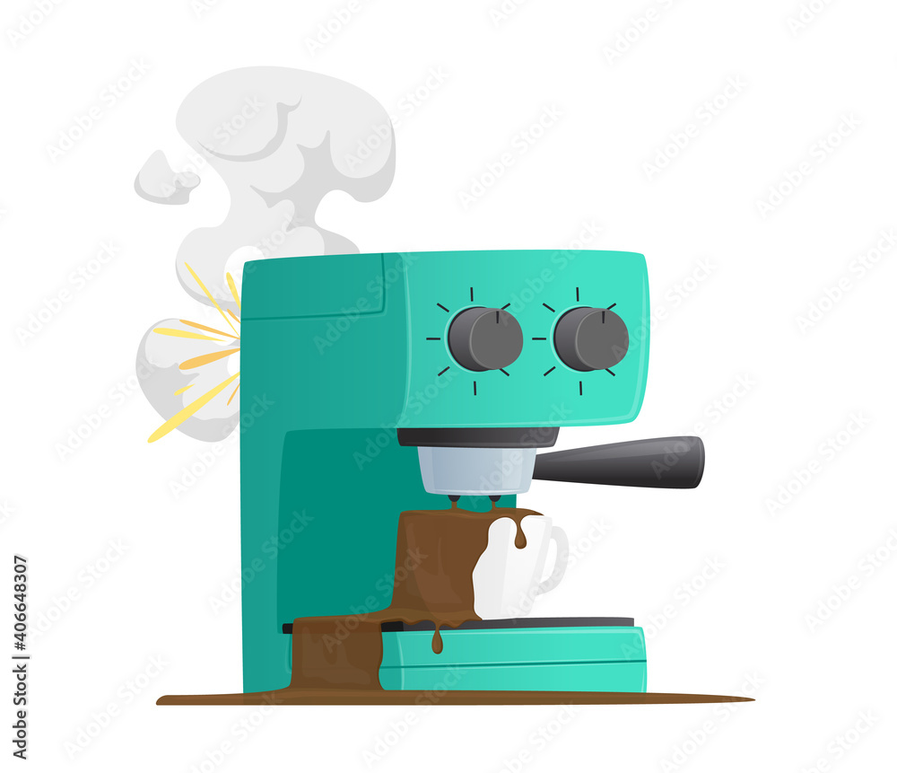 Broken Coffee Machine Isolated on White Background. Destroyed Kitchen ...