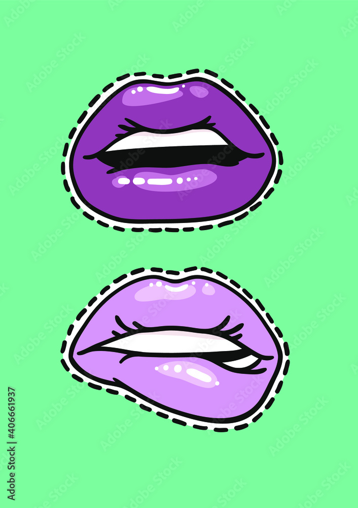 Set Of Stickers With Sexy Female Lips With Gloss Colorful Lipstick Pop 3508