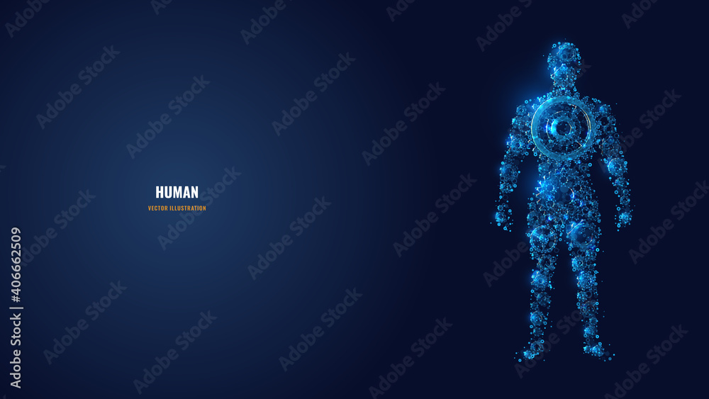 Digital 3d human body image consisting of gears and cogs in dark blue ...