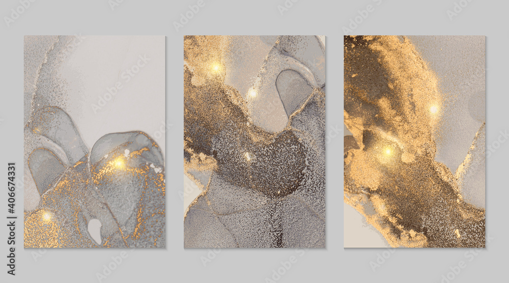 Sparkling gray and gold stone marble texture. Alcohol ink technique ...