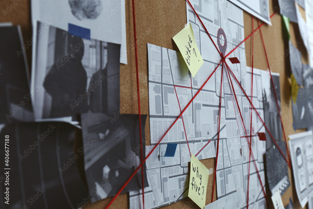 Detective board with crime scene photos, map and clues connected by red ...