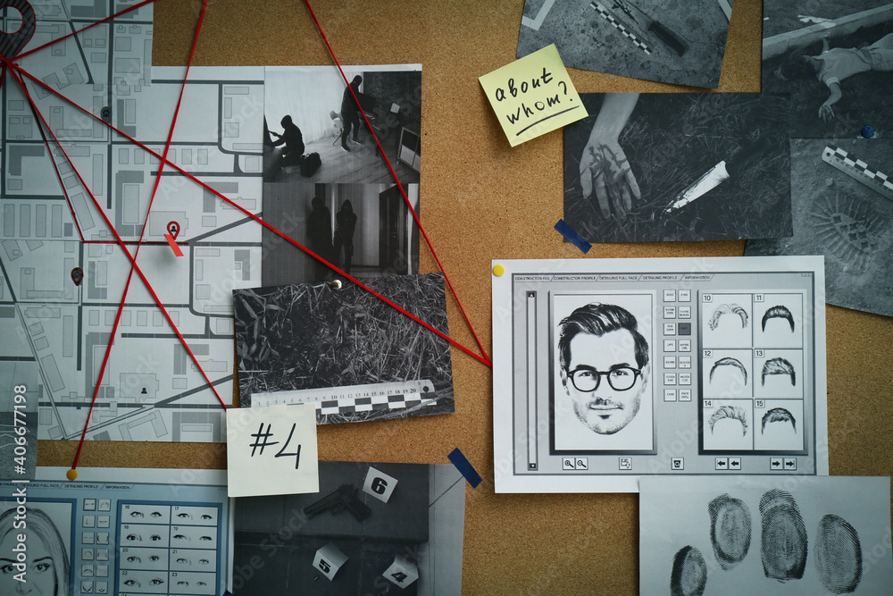 Foto de Detective board with fingerprints, crime scene photos and red ...