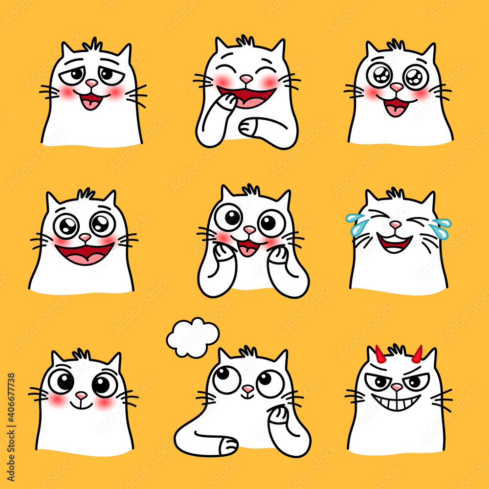Laughing cat emoticons. Cartoon happy pets with big eyes, cute emotions ...