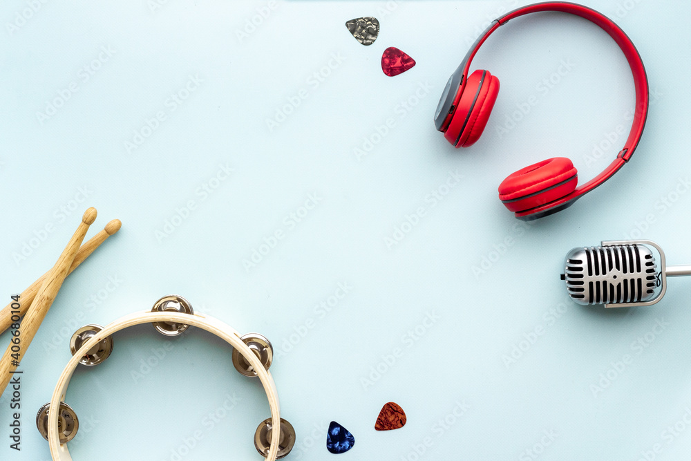 Frame of of music background - instrument with microphone, top view ...