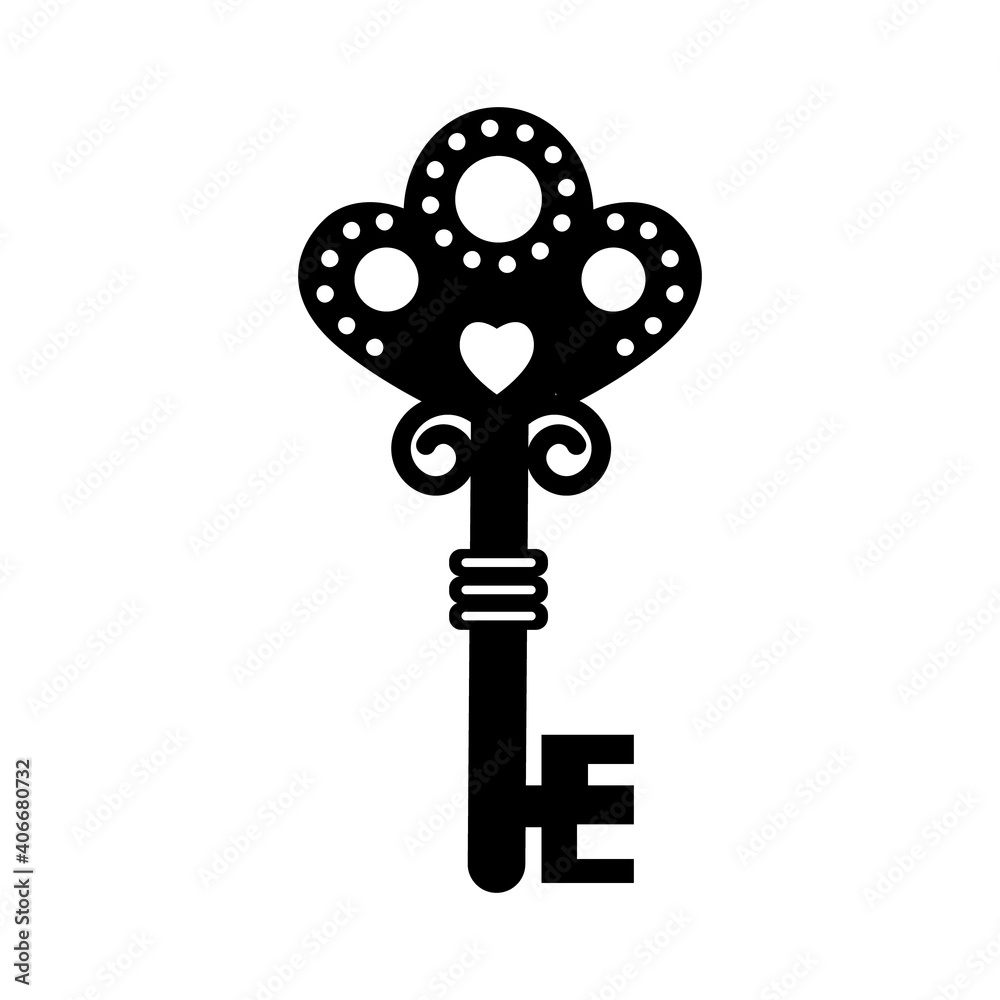 Vintage openwork key template, black stencil, vector illustration, icon ...