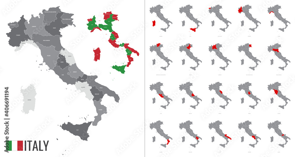 Detailed vector map of Italy regions with country flag Stock Vector ...
