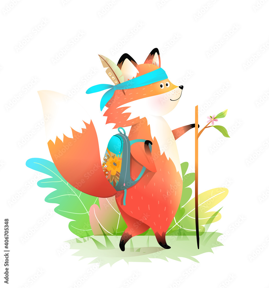 Fox little explorer go for adventures with backpack and stick, wearing ...