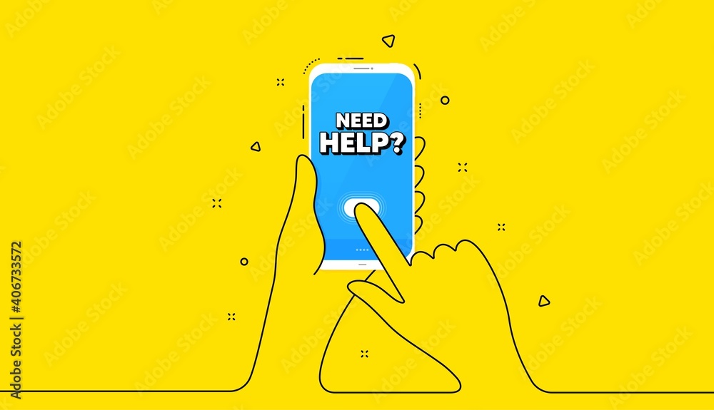Need help symbol. Yellow banner with continuous line. Hand hold phone ...