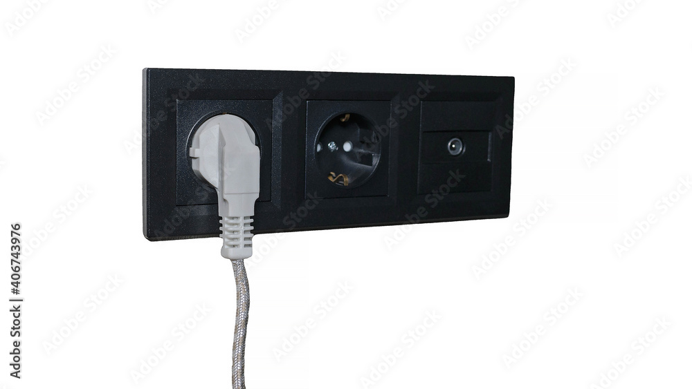 Electrical outlet isolated on white background, black outlet with plug ...