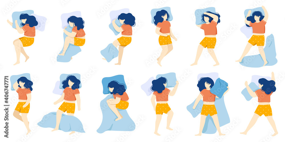 Sleeping woman. Girl sleep position, female character healthy night ...