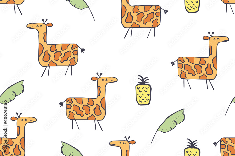 Seamless pattern, childish African animals illustration. Cute giraffes ...
