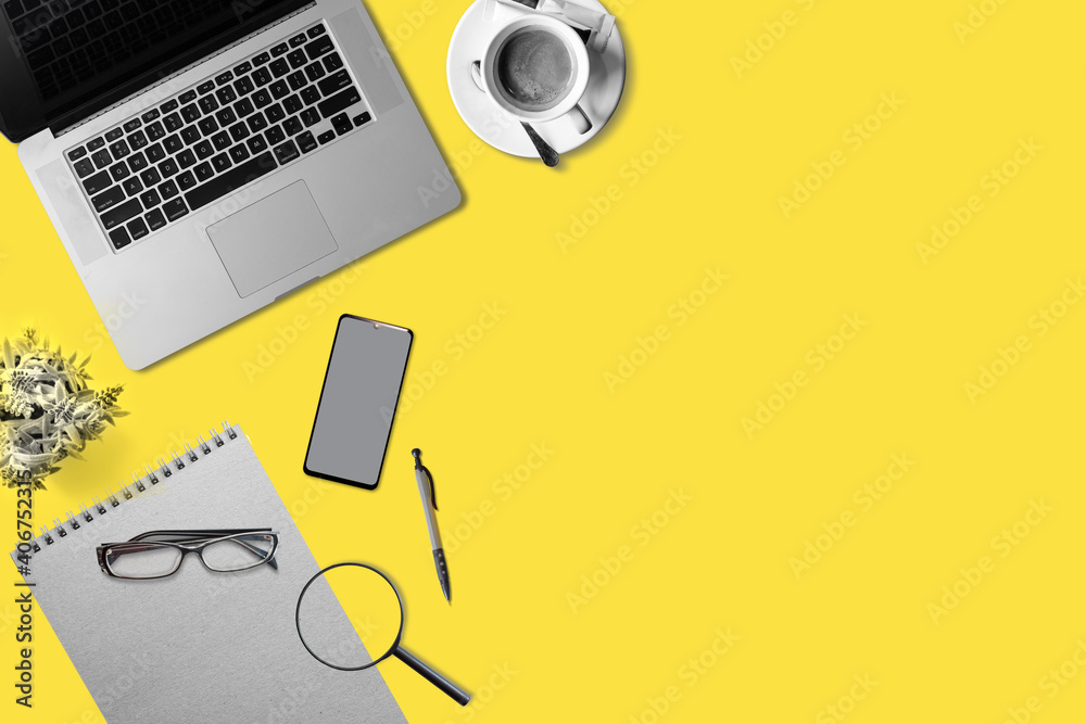 Designer desk top view with computer, graphic tablet color palette ...