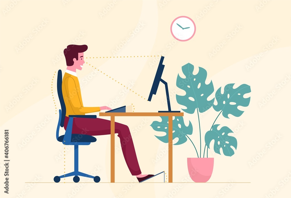 Correct sitting posture when working on a computer.. Ergonomic concept ...