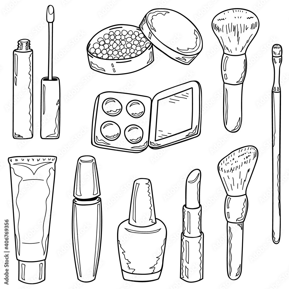 Set of makeup items outline. Hand drawing. Vector illustration in ...