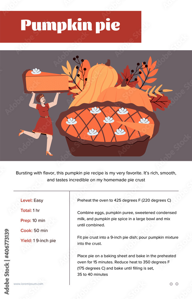 Pumpkin pie recipe card design with cartoon female character carrying a ...