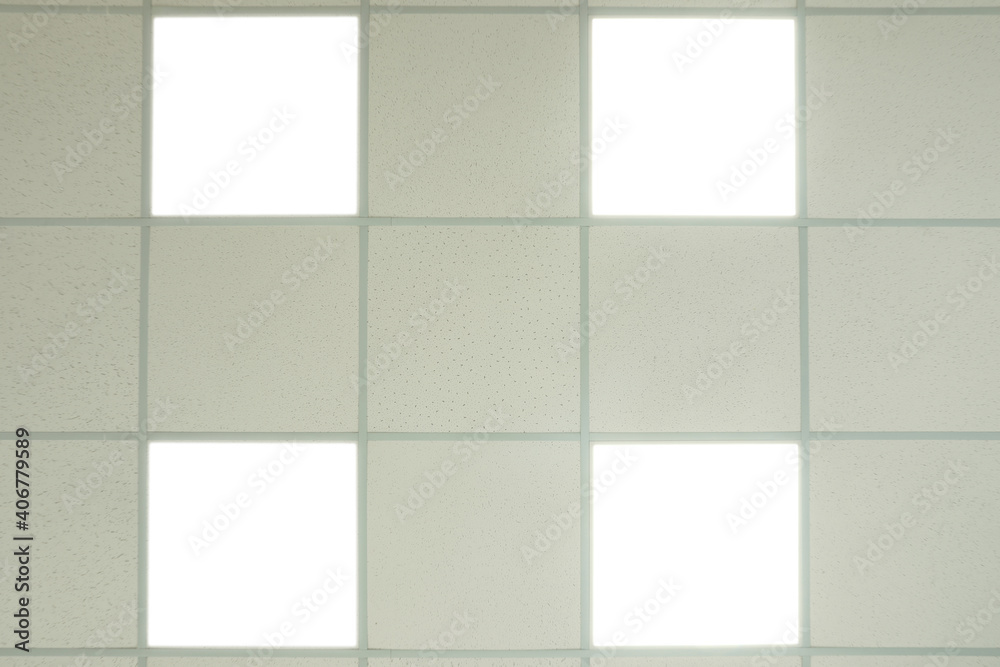 White ceiling with lighting in office room, bottom view Stock Photo ...