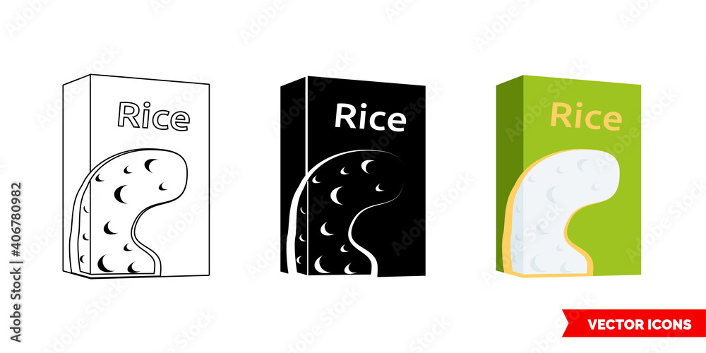 Pack of rice icon of 3 types color, black and white, outline. Isolated ...