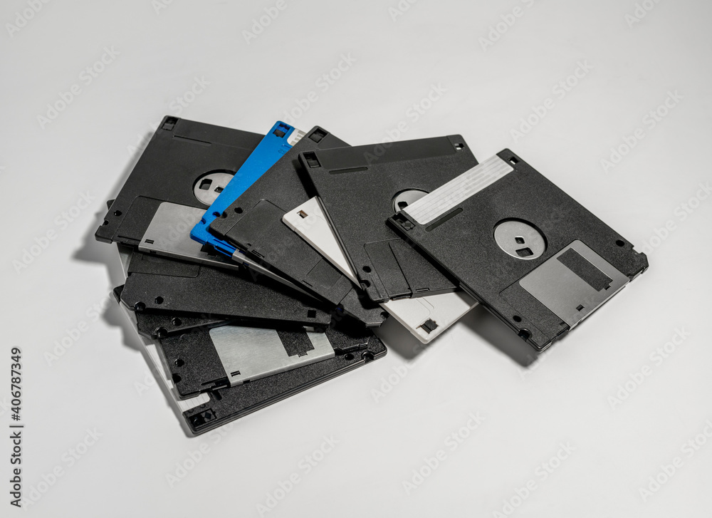 Pile of floppy disks, close-up. Vintage computer technology from 1980s ...