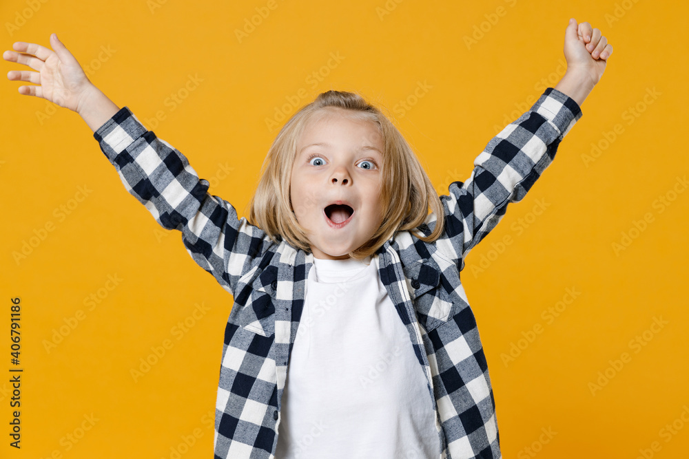 Little fun happy kid boy 4-5 years old wear casual clothes celebrating ...