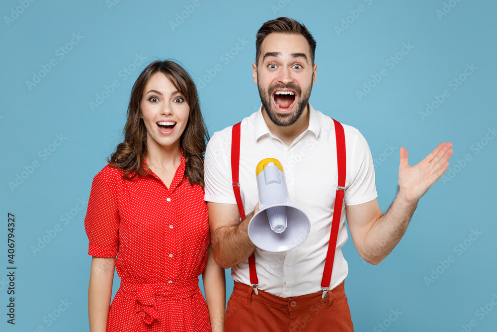 Shocked young couple two friends man woman wearing white red clothes ...