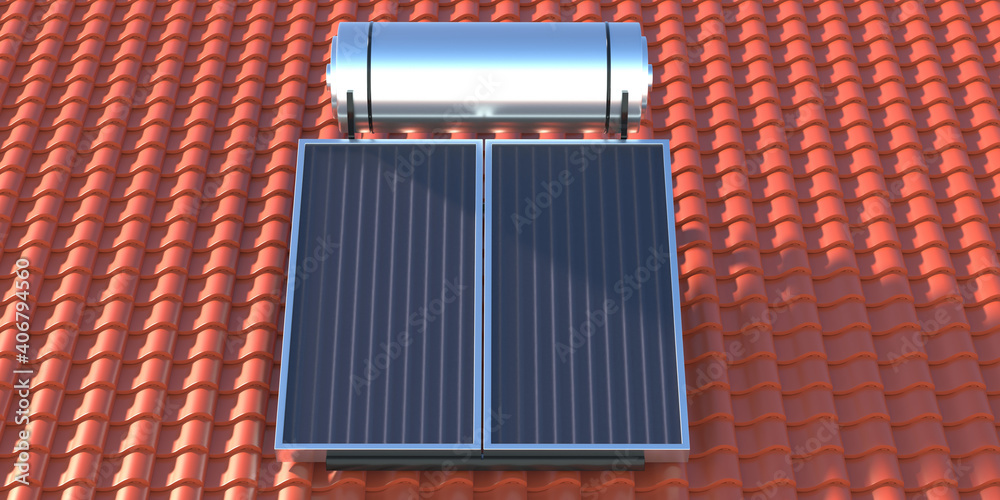 Solar water heater, panels and boiler on tiled roof background. 3d ...