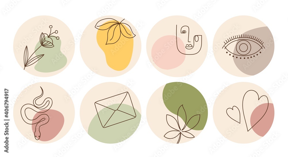 Vector set of round boho icons and emblems for social media story ...