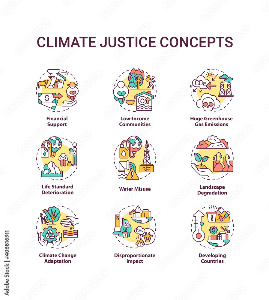Climate justice concept icons set. Environmental protection idea thin ...