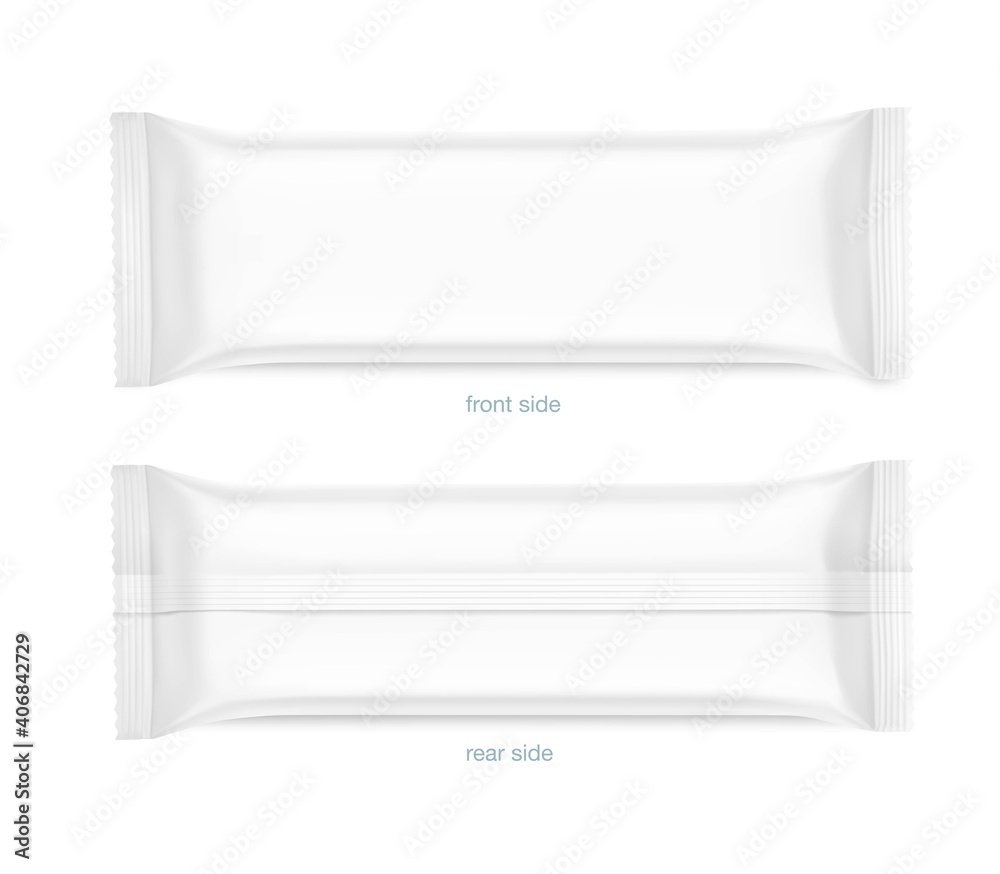 Set of hight realistic flow packaging mockups. Front and rear side ...
