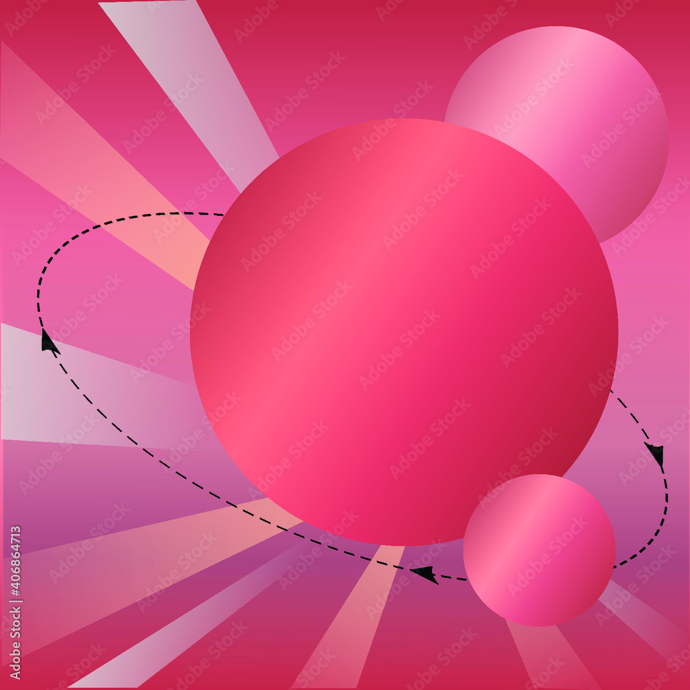 Abstract pink planets in a pink sky, with emanating rays of light ...