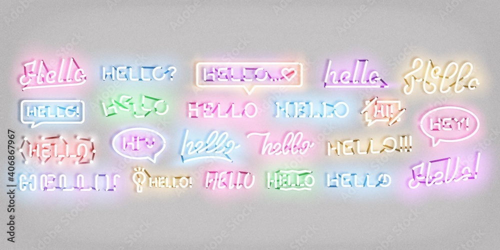 Vector set of realistic isolated neon sign of Hello logo for invitation ...