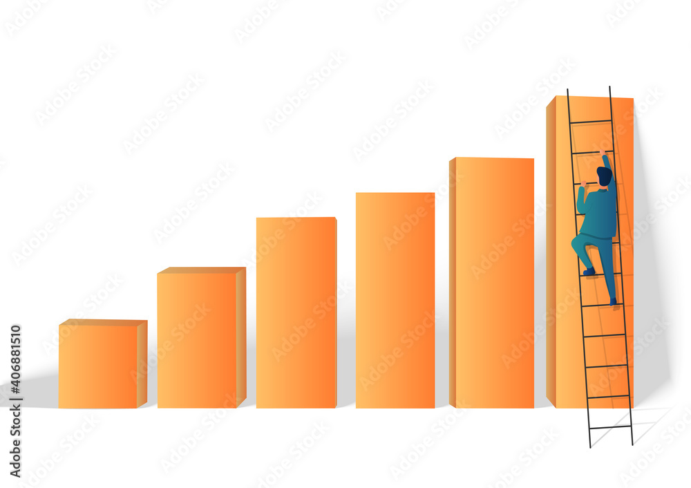 Businessman climbing up on a ladder to adjust an uptrend graph chart on ...