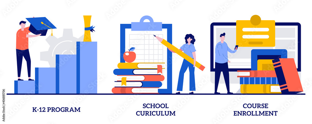 K-12 program, school curriculum, course enrollment concept with tiny ...